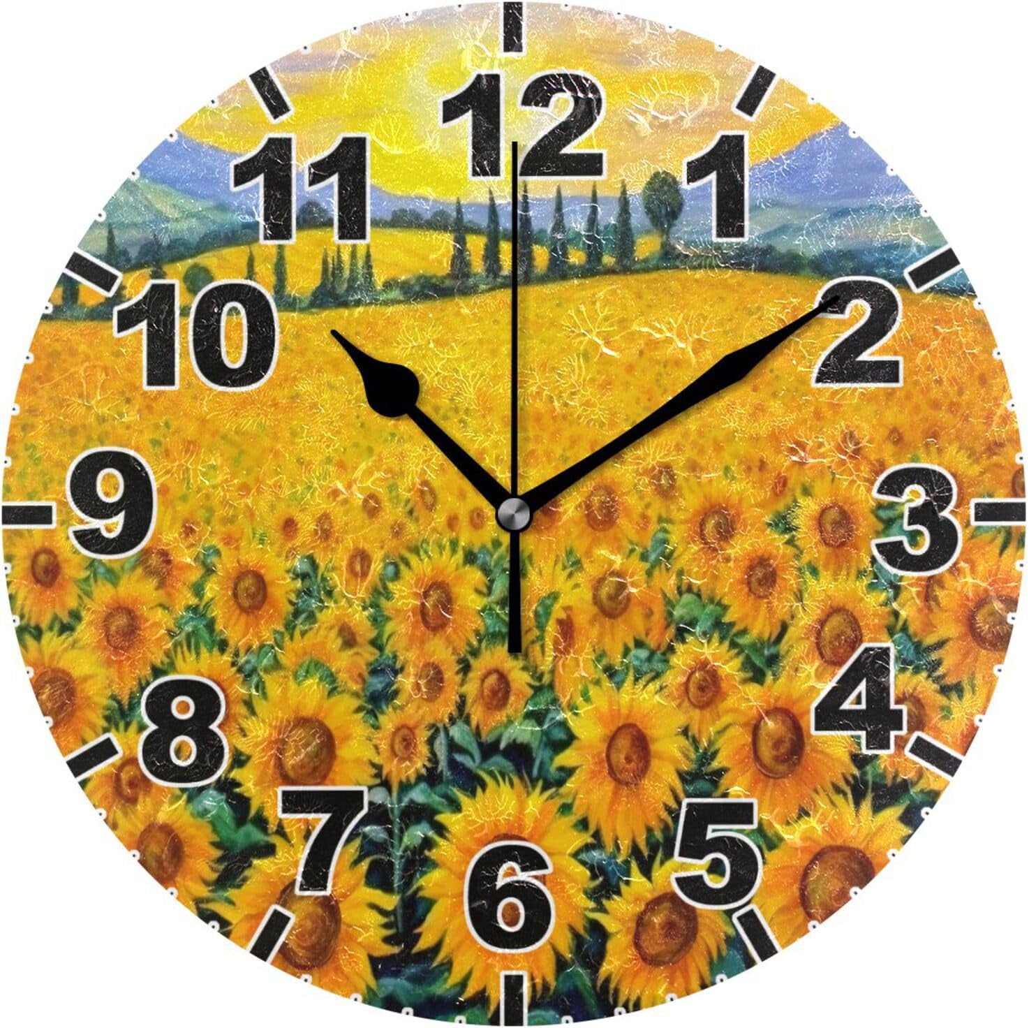 GZHJMY Sunflowers Round Wall Clock, Battery Operated Silent Non Ticking ...