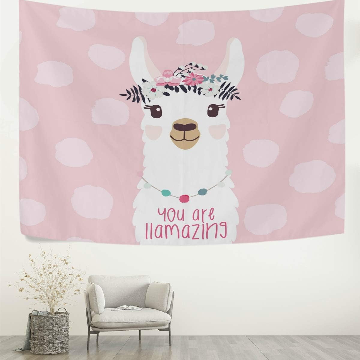 GZHJMY Tapestry Cute Fun Animal Llama Alpaca Flower Pink Tapestry Wall ...