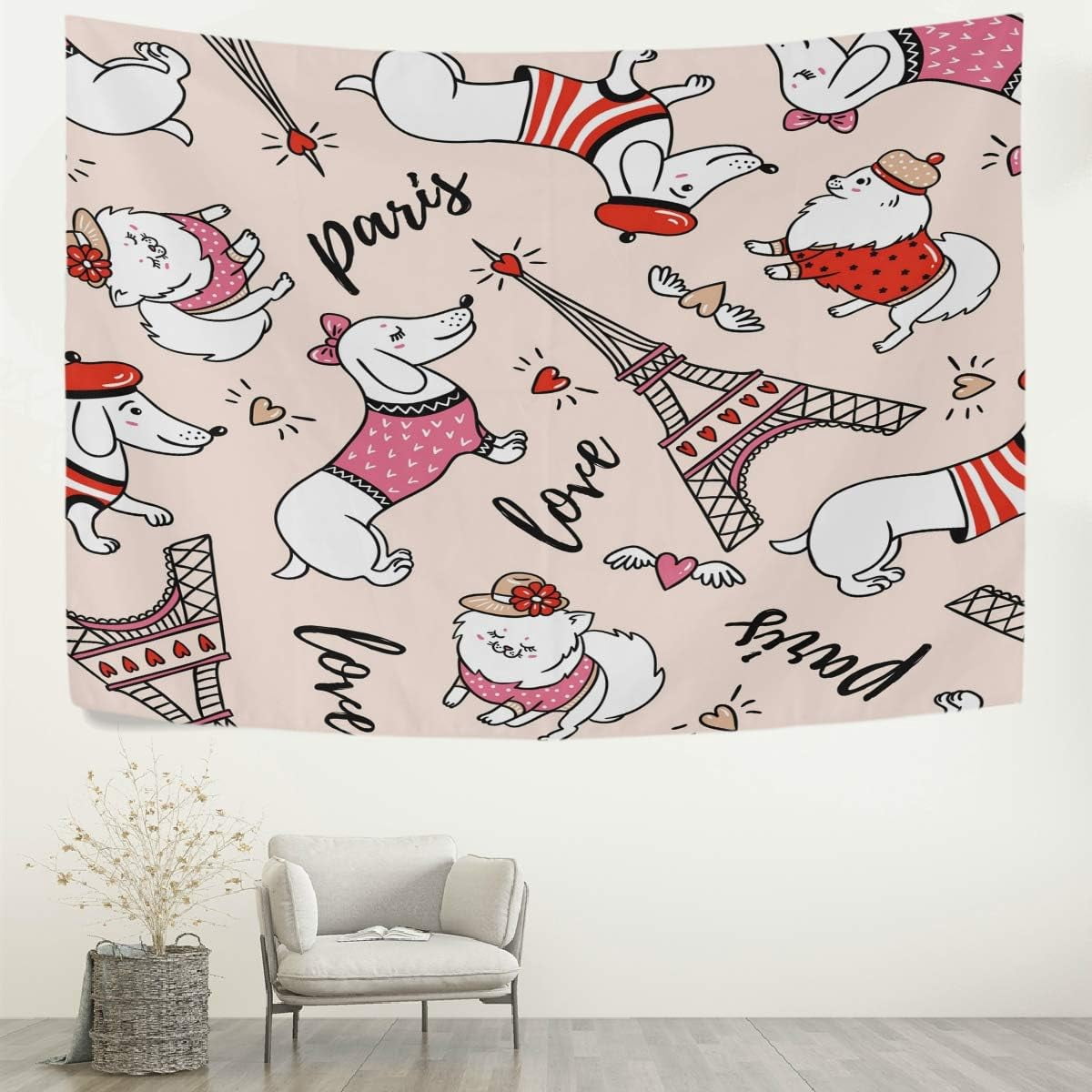 GZHJMY Tapestry Wall Hanging Cute Cartoon Dachshund Dog Animal Eiffel ...