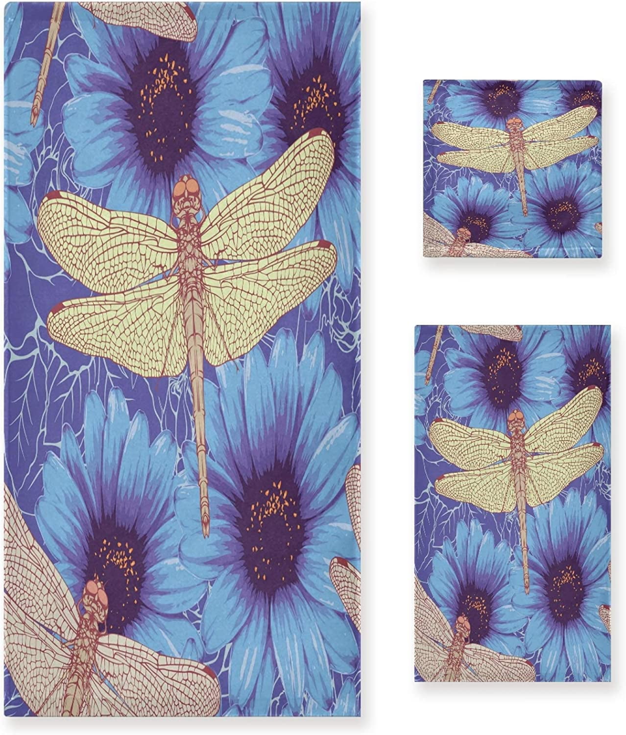 GZHJMY Towel Set 3 Pcs Pretty Dragonfly Blue Flower Bathroom Towels ...