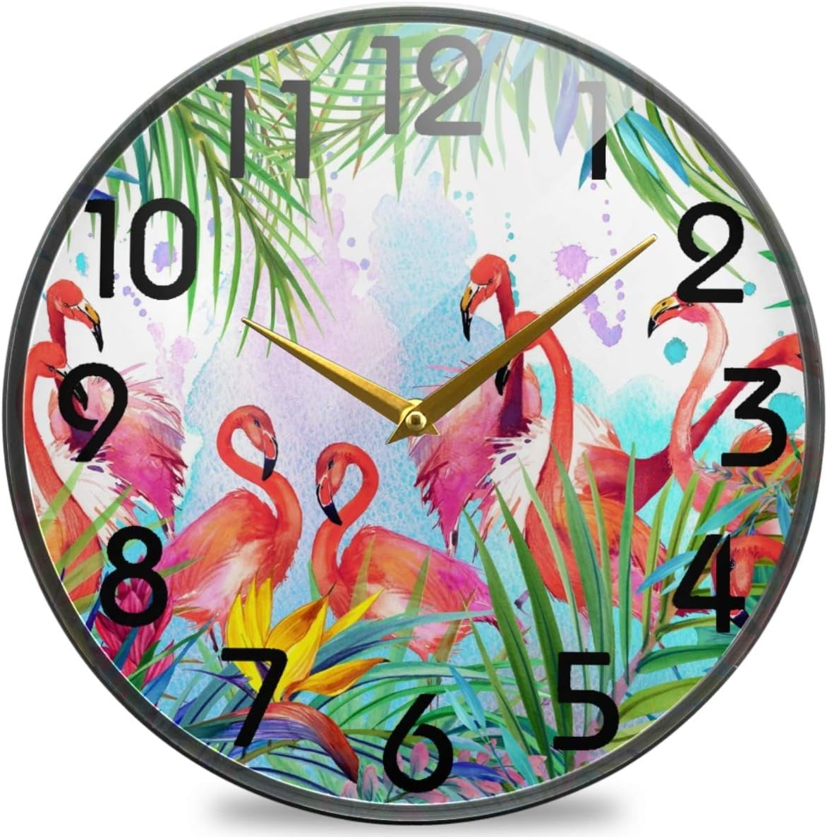 GZHJMY Tropical Exotic Leaves Flamingo Round Wall Clock, 9.5 Inch ...
