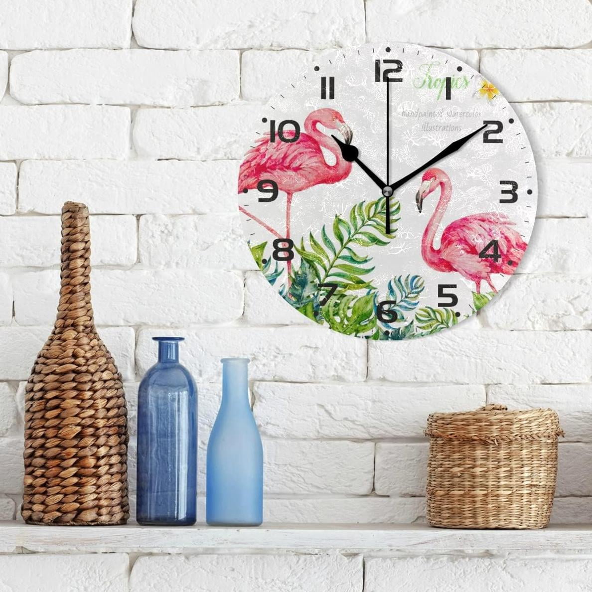 GZHJMY Tropical Flamingo Wall Clock, 10" Silent Non Ticking Round Clock ...