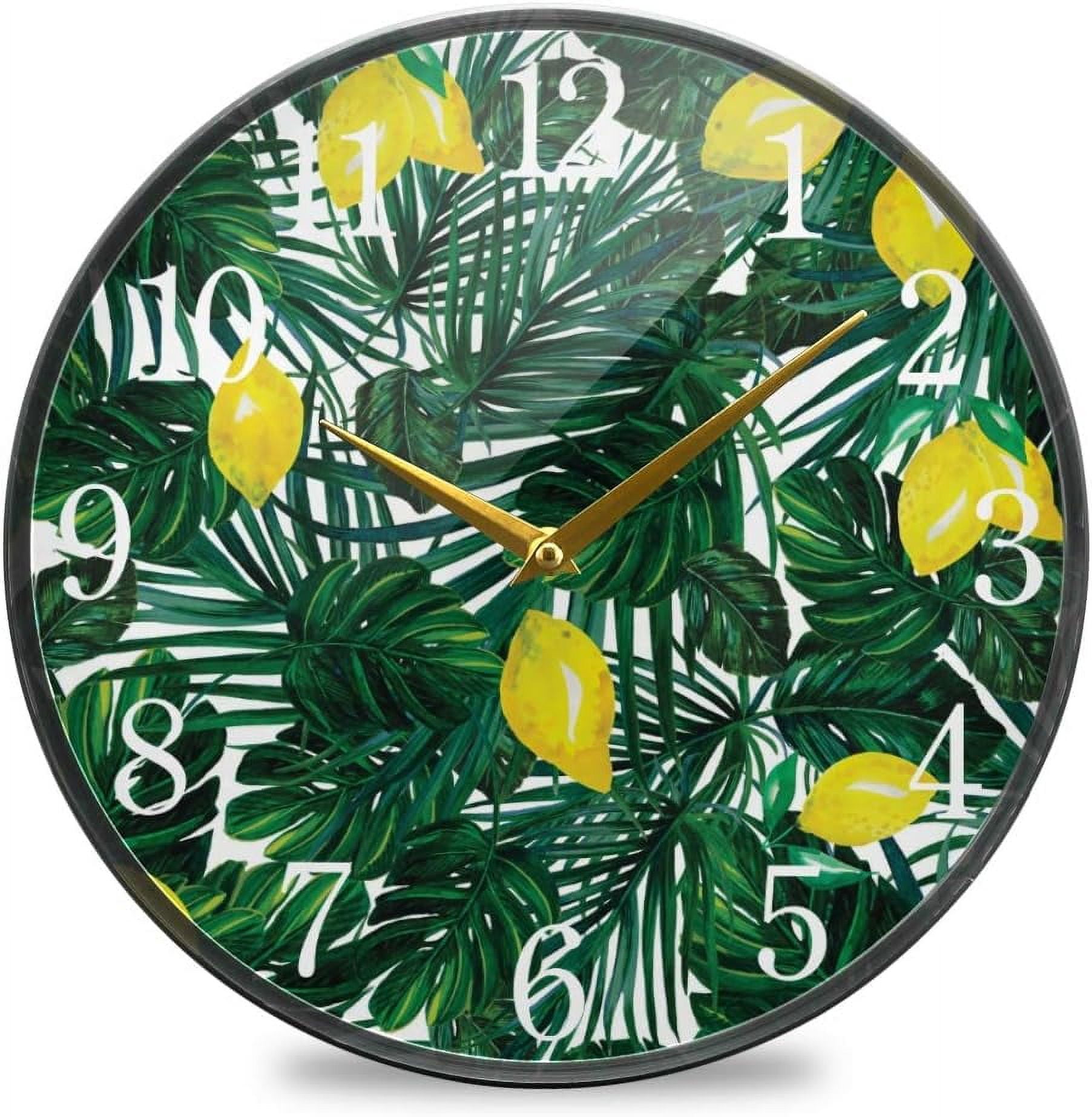 GZHJMY Tropical Lemon Palm Monstera Leaf Pattern Wall Clock Silent Non Ticking 9.5 Inch Round ...