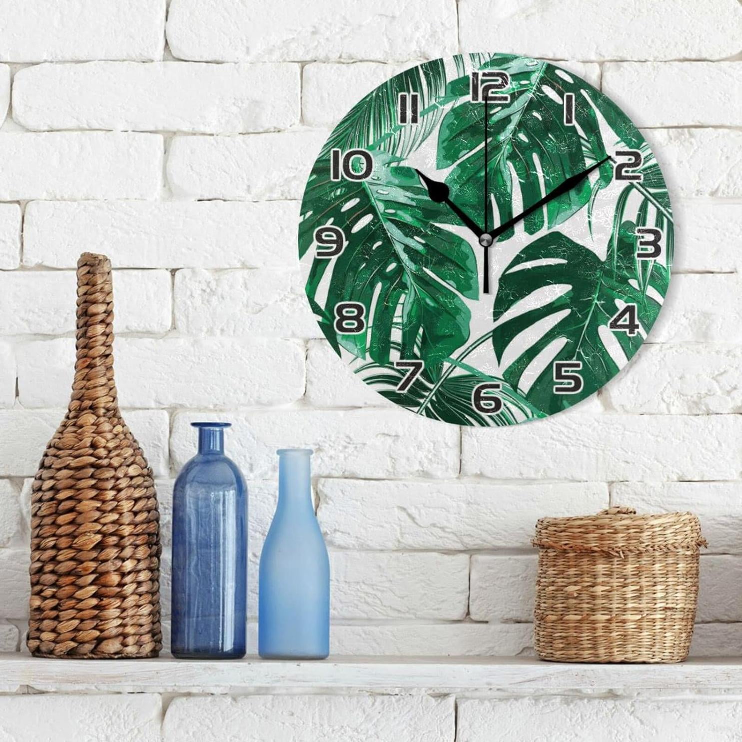 GZHJMY Tropical Palm Leaves Clock, Silent Round Wall Clock, Non Ticking ...