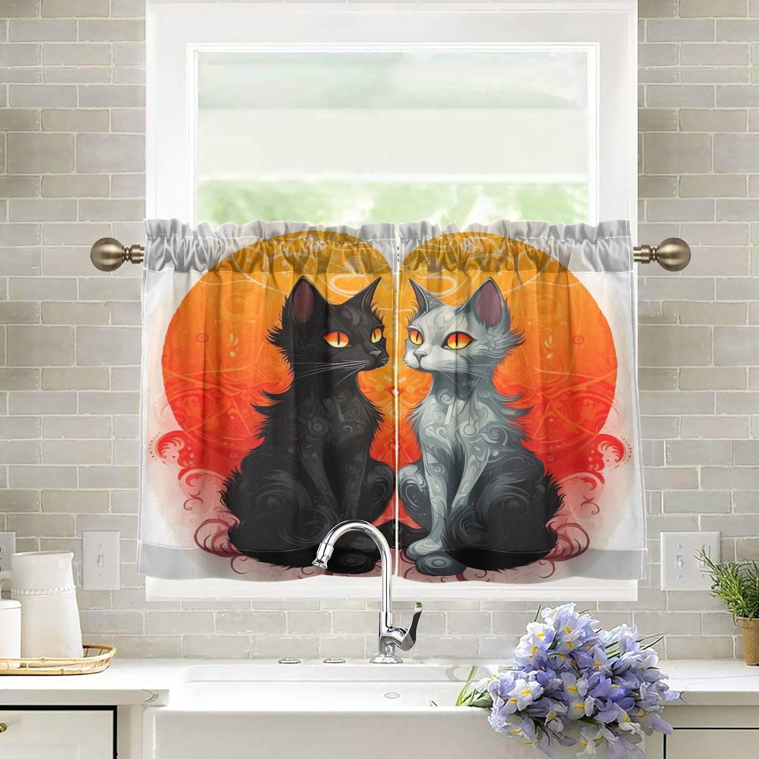 GZHJMY Two Cats Half Window Tier Curtains 36 Inch Blackout Thermal ...