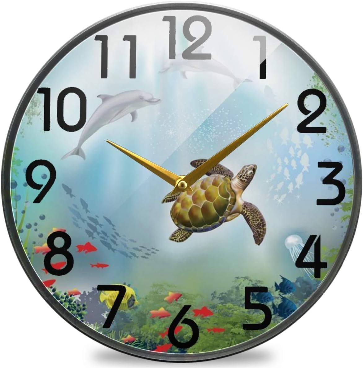 GZHJMY Underwater Dolphins Sea Turtle Print Round Wall Clock, 9.5 Inch ...