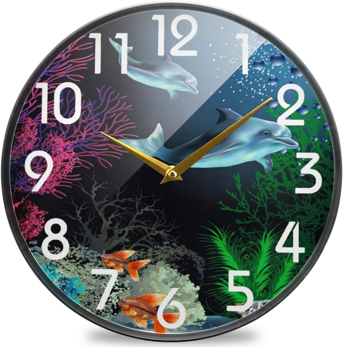 GZHJMY Underwater World Two Dolphins Round Wall Clock, 9.5 Inch Silent ...