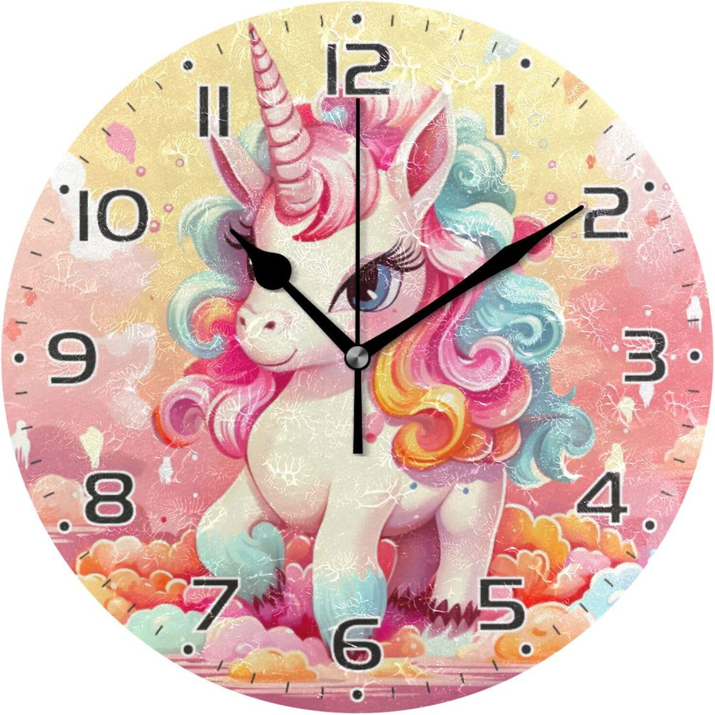 GZHJMY Unicorn Clock Silent Round PVC Wall Clock Non Ticking Battery Device Clocks Creative ...