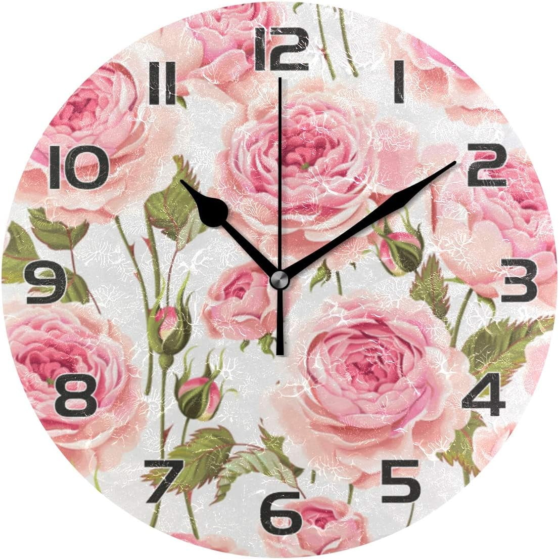 GZHJMY Valentine's Day Romantic Pink Roses Flower Wall Clock, Silent ...