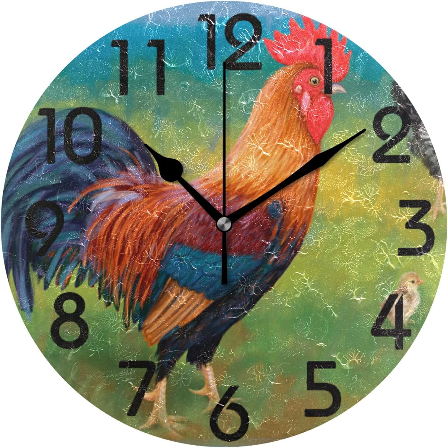 GZHJMY Village Roosters Hen Rural Round Wall Clock, 9.5 Inch Battery ...