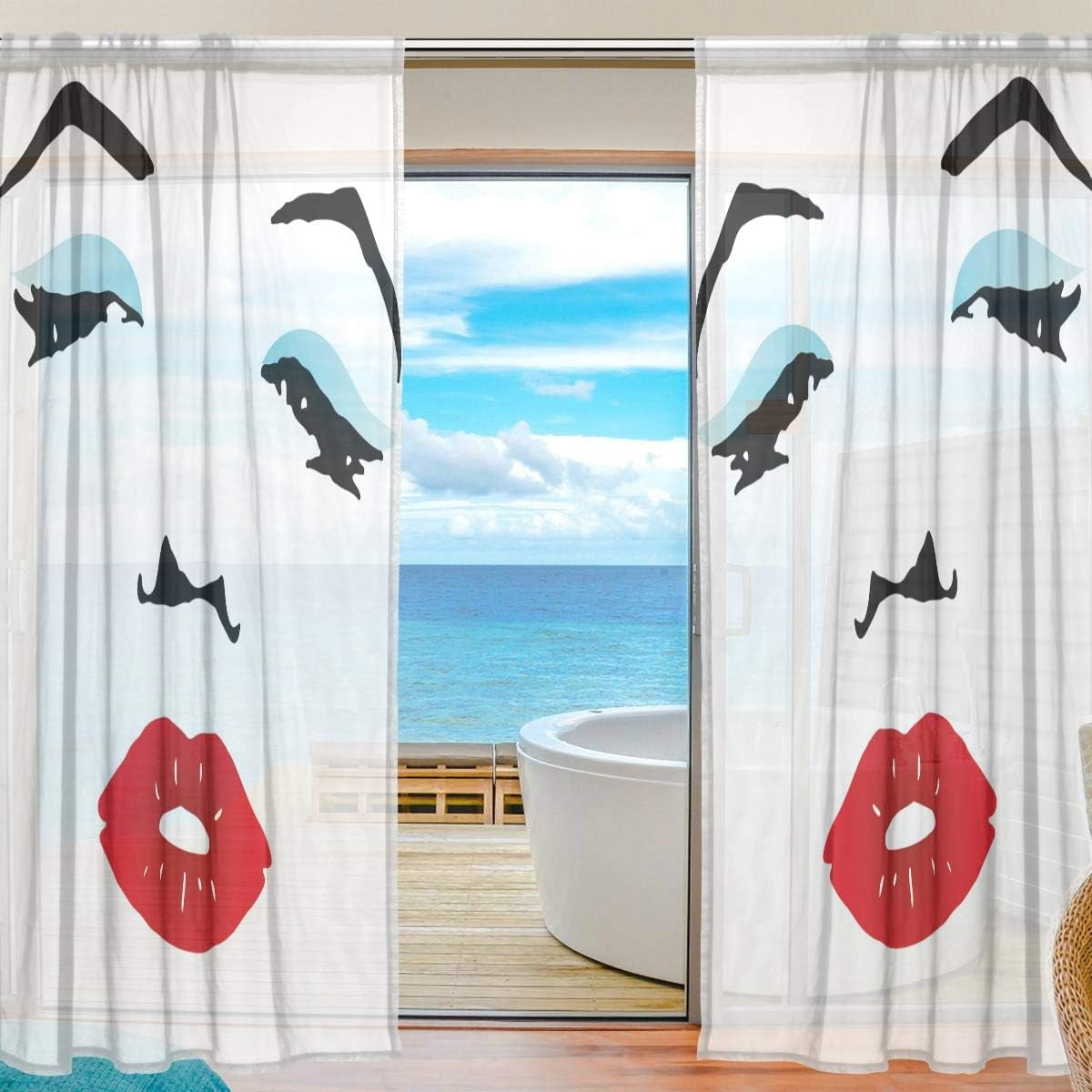 GZHJMY Vintage Beautiful Woman with Red Lips Sheer Curtains Window ...