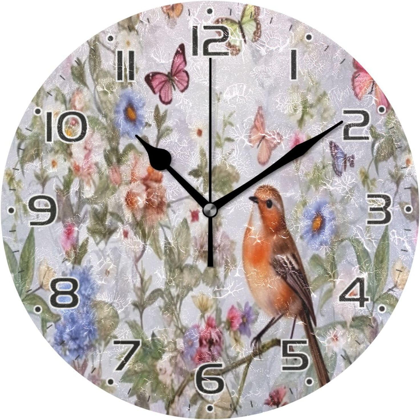 GZHJMY Vintage Bird Flowers Clock Silent Round Wall Clock Non Ticking ...