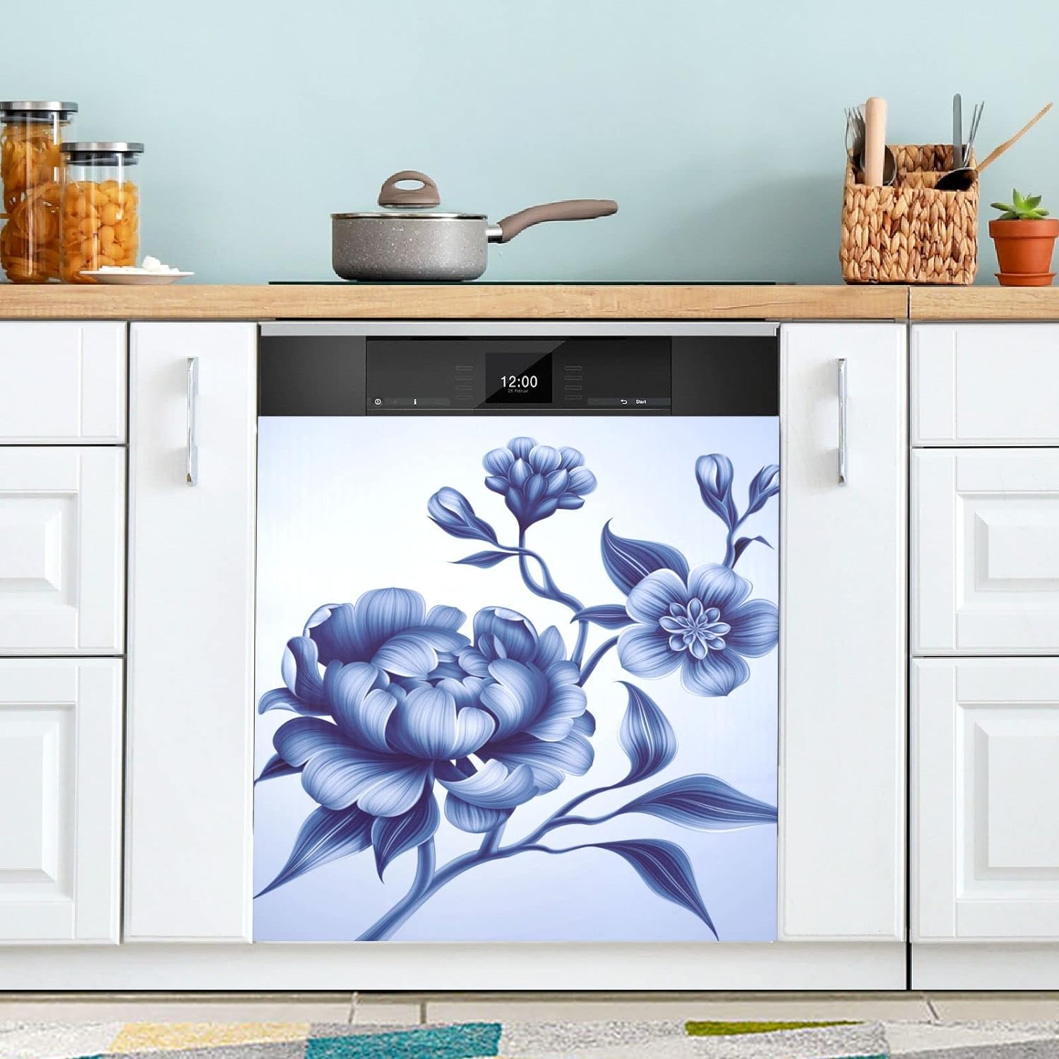 GZHJMY Vintage Blue Peony Rose Dishwasher Panel Decal Magnet Cover ...