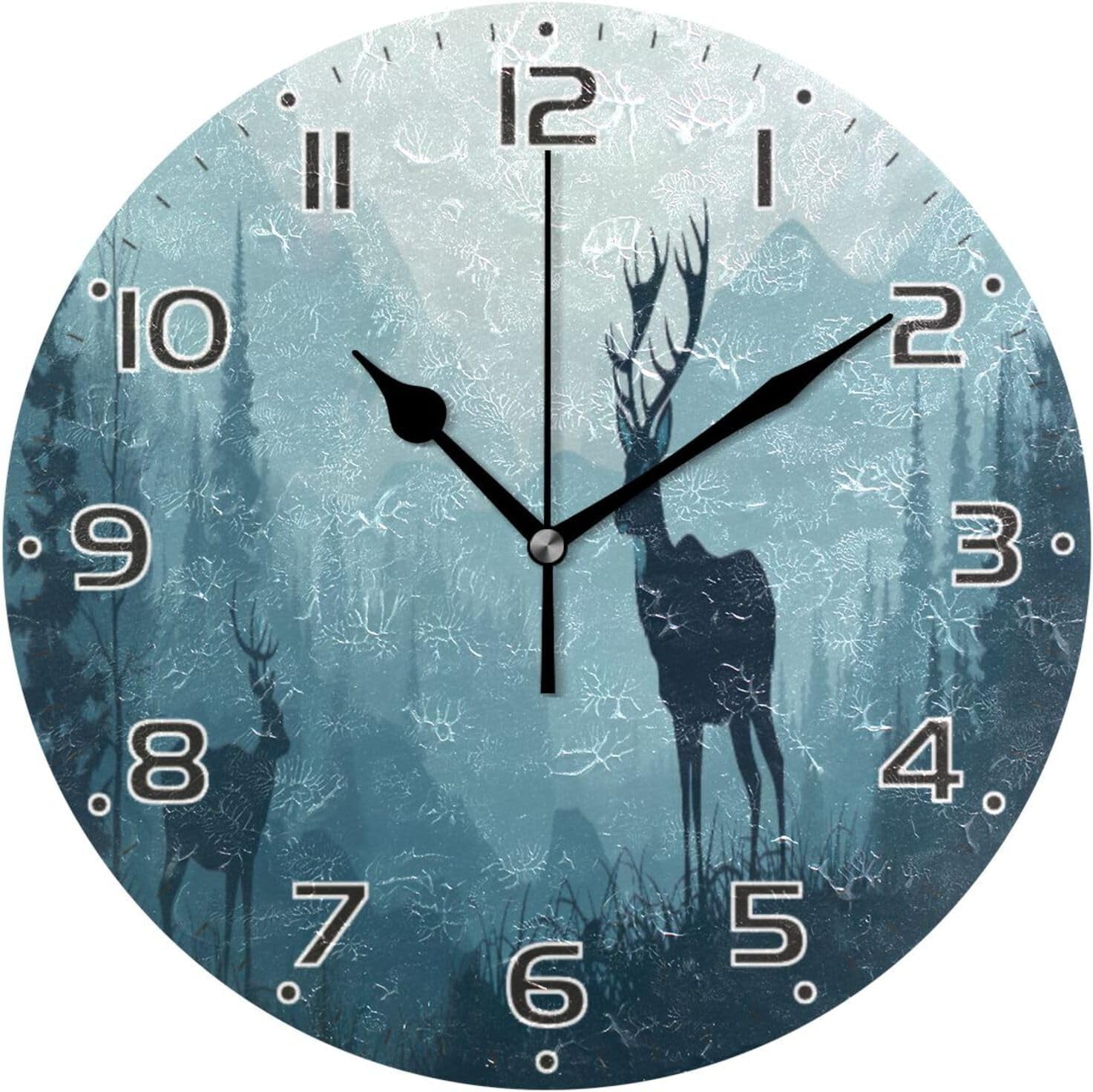 GZHJMY Vintage Deer Clock Silent Round Wall Clock Non Ticking Battery ...