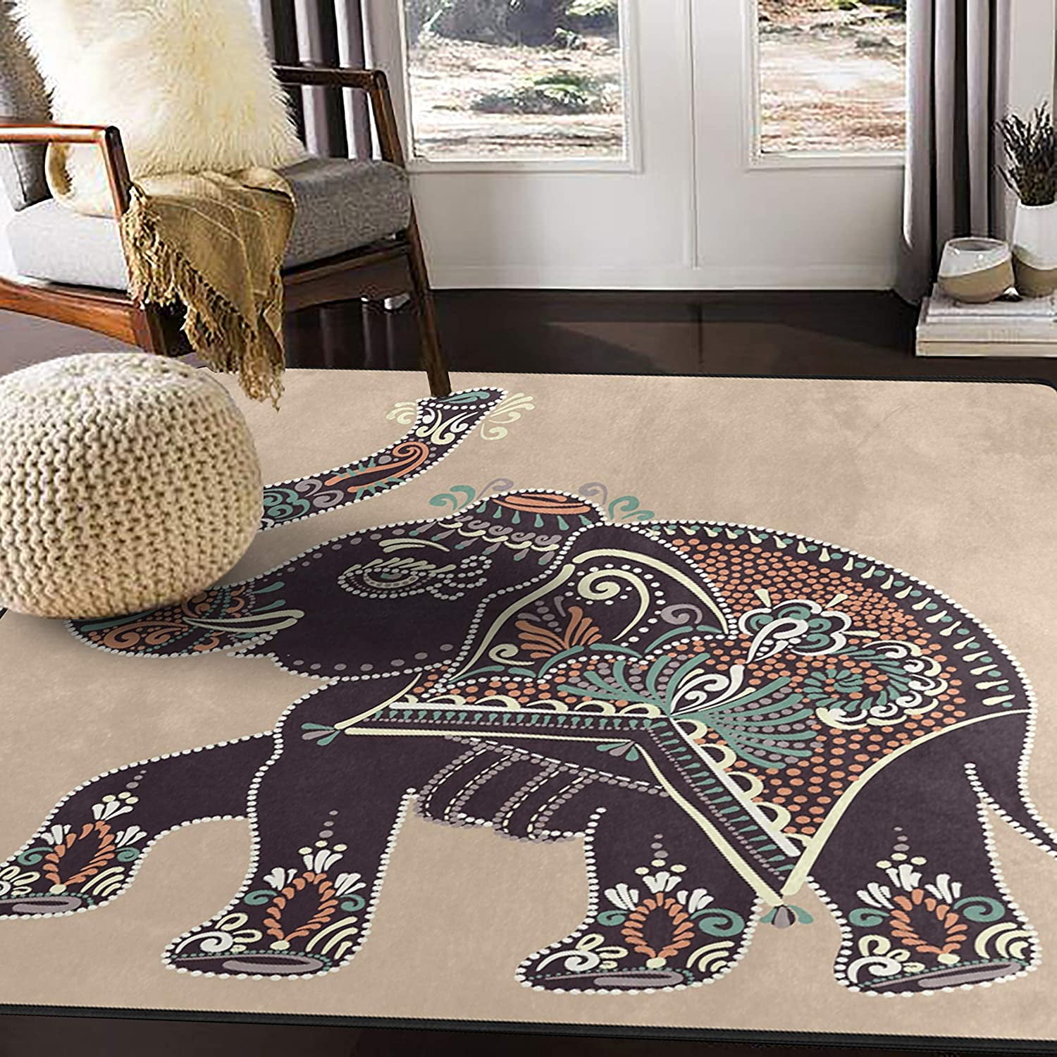 GZHJMY Vintage Ethnic Indian Elephant Artwork Area Rug Living Room Rugs ...