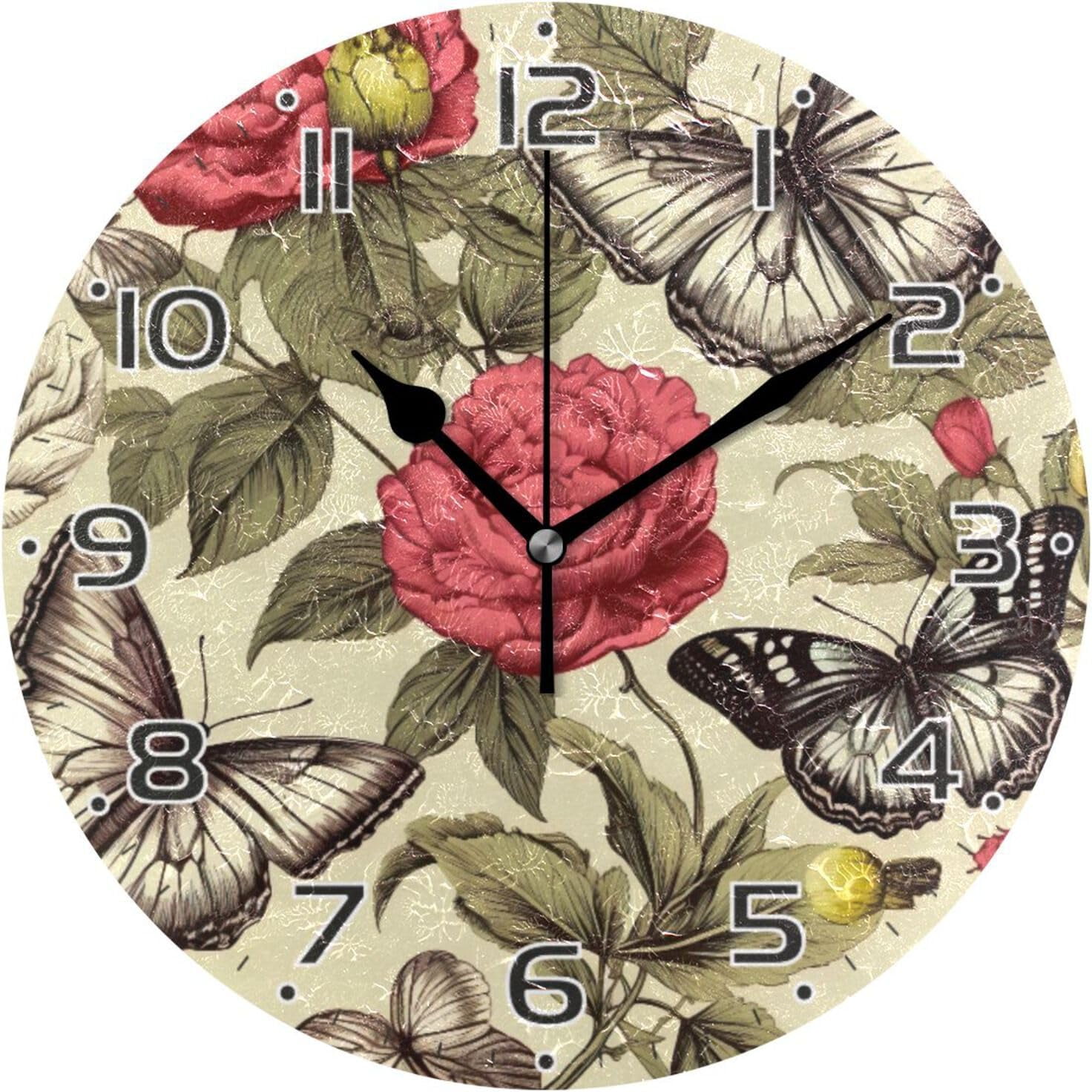 GZHJMY Vintage Floral Clock Silent Round PVC Wall Clock Non Ticking Battery Device Clocks ...