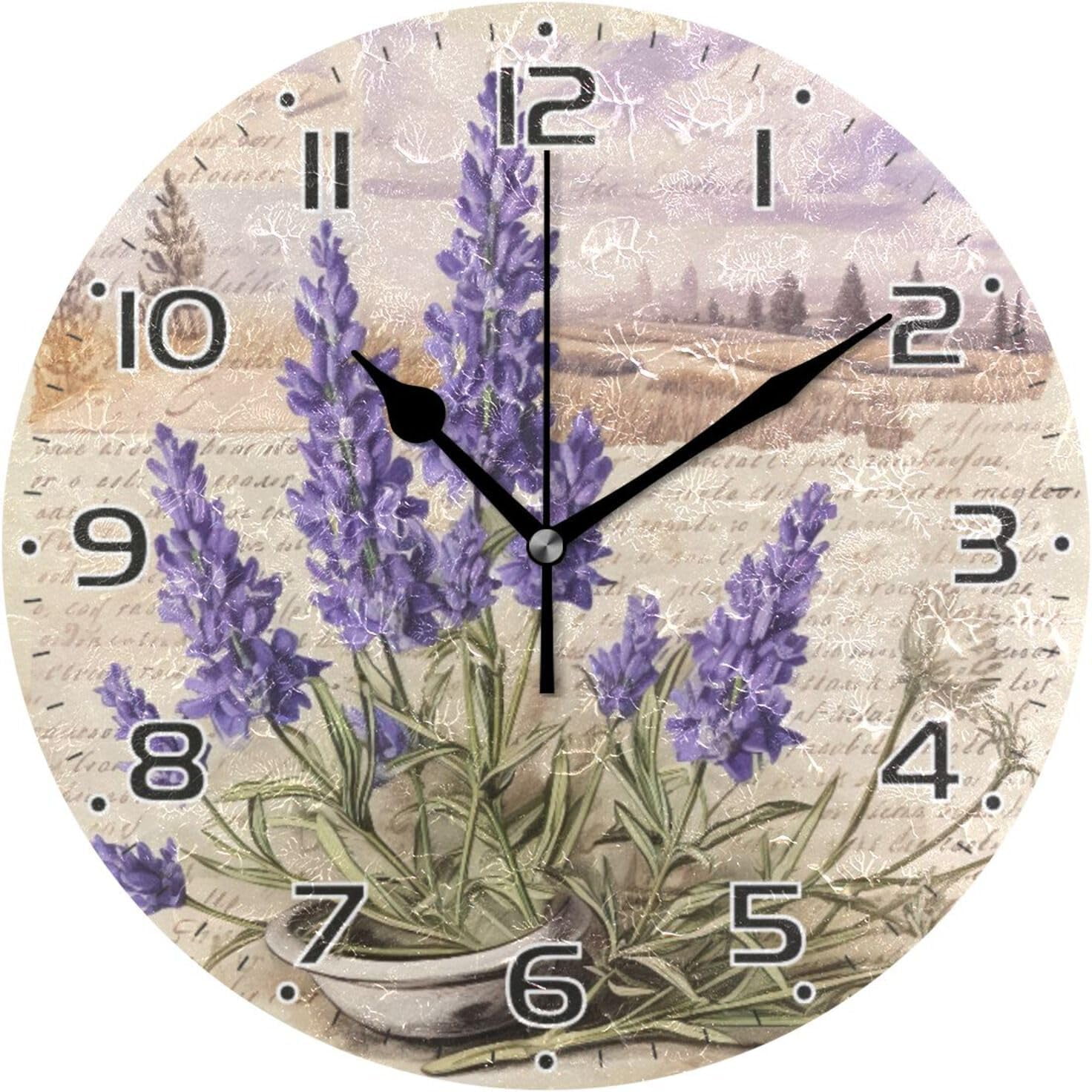 GZHJMY Vintage Lavender Clock Silent Round PVC Wall Clock Non Ticking ...