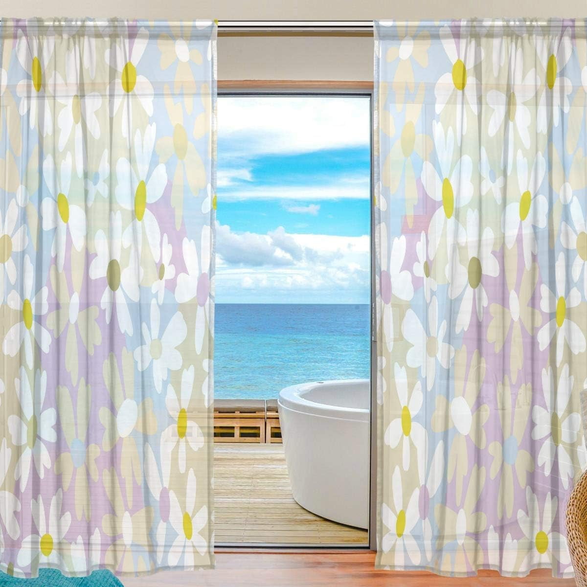 GZHJMY Vintage Multicolored Daisies Floral Sheer Curtains Window Voile ...