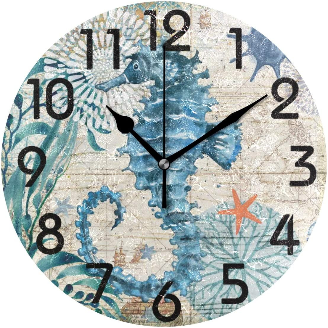 GZHJMY Vintage Nautical Sea Horse Starfish Old Map Round Wall Clock, 9. ...
