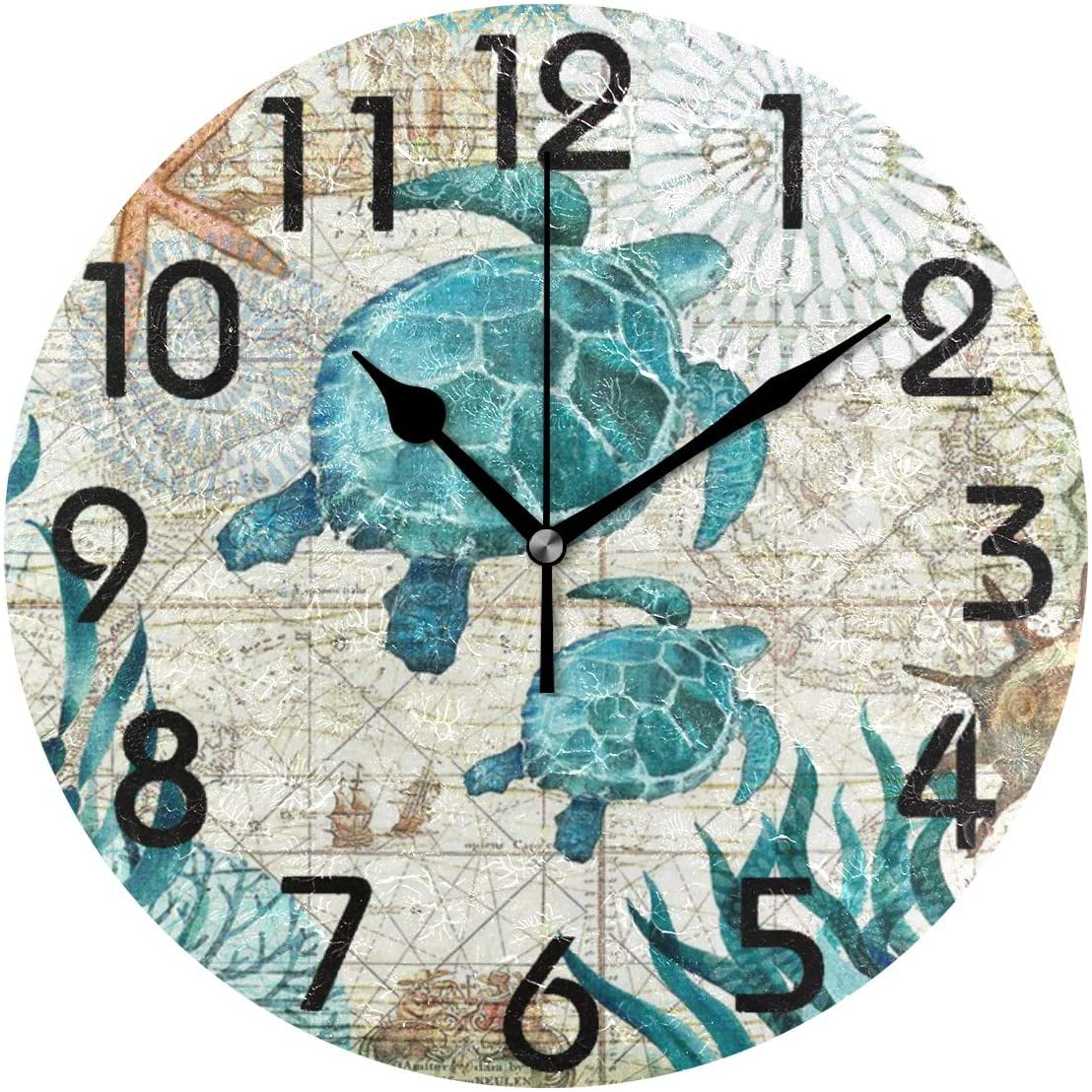 GZHJMY Vintage Nautical Sea Turtles Starfish Old Map Round Wall Clock ...