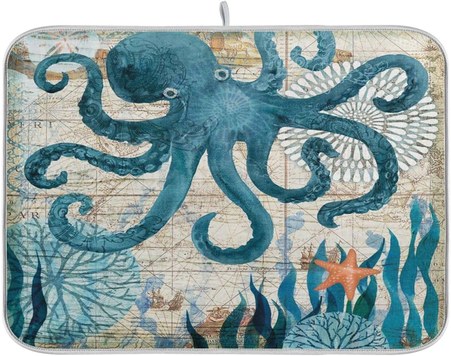 GZHJMY Vintage Ocean Octopus Starfish Map Absorbent Dish Drying Mat, 16 ...