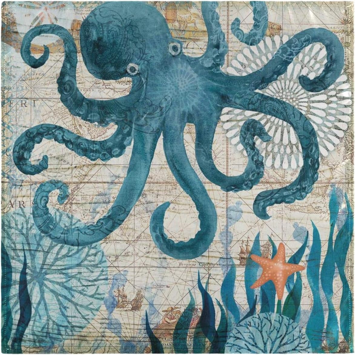 GZHJMY Vintage Ocean Octopus Starfish Old Map Cloth Napkins, Set of 4 ...