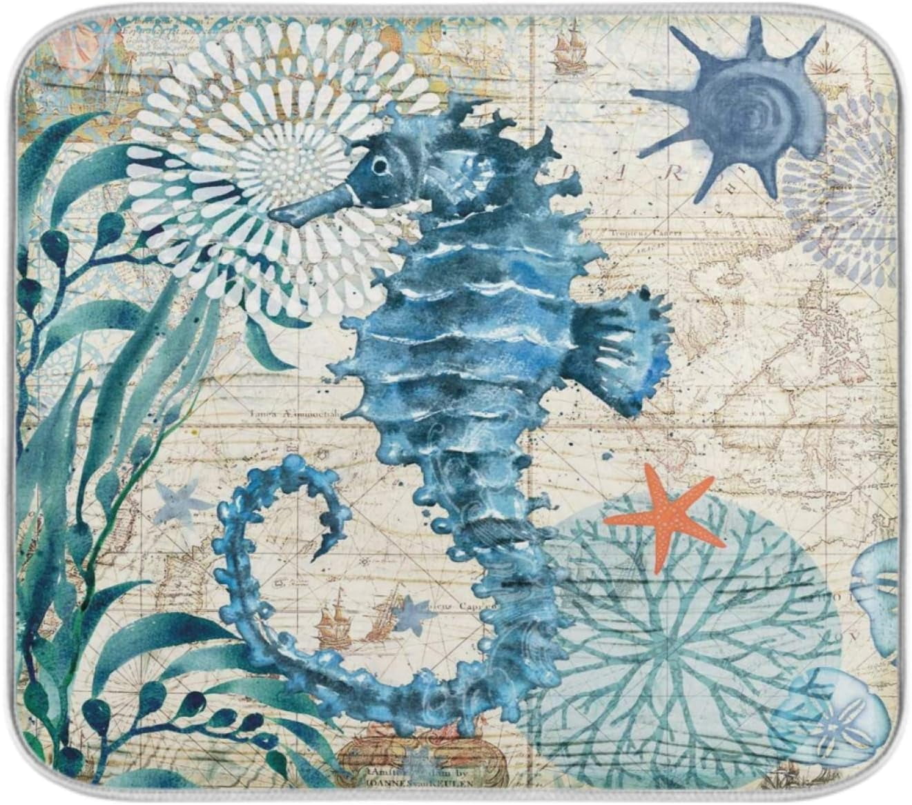 GZHJMY Vintage Ocean Sea Horse Starfish Map Absorbent Dish Drying Mat ...