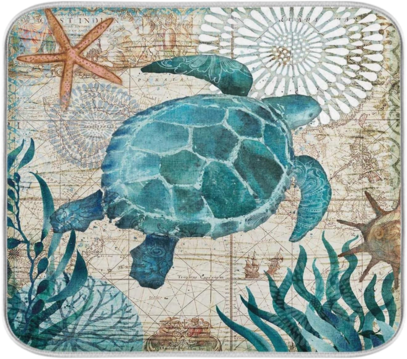 GZHJMY Vintage Ocean Sea Turtle Starfish Map Absorbent Dish Drying Mat ...