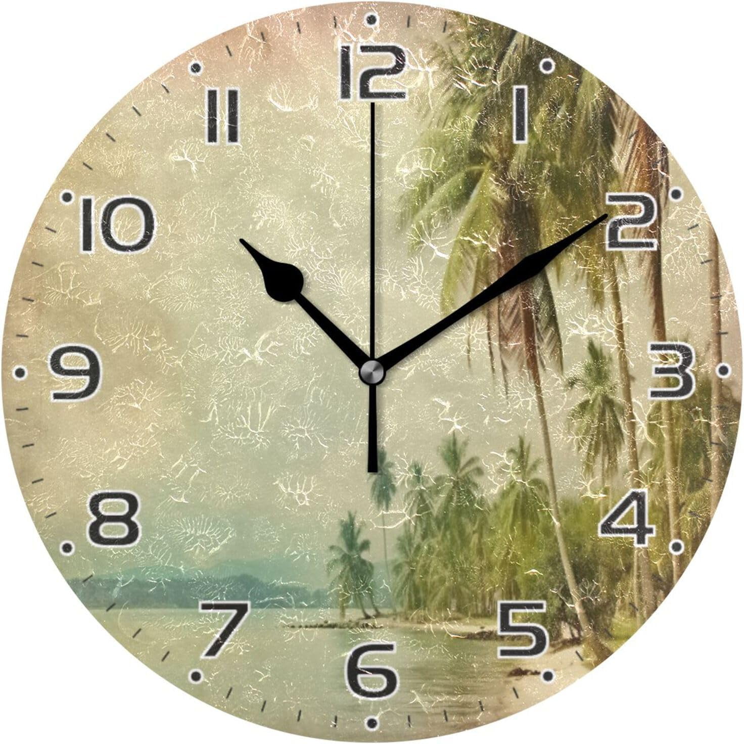 GZHJMY Vintage Palm Trees Clock Silent Round Wall Clock Non Ticking ...