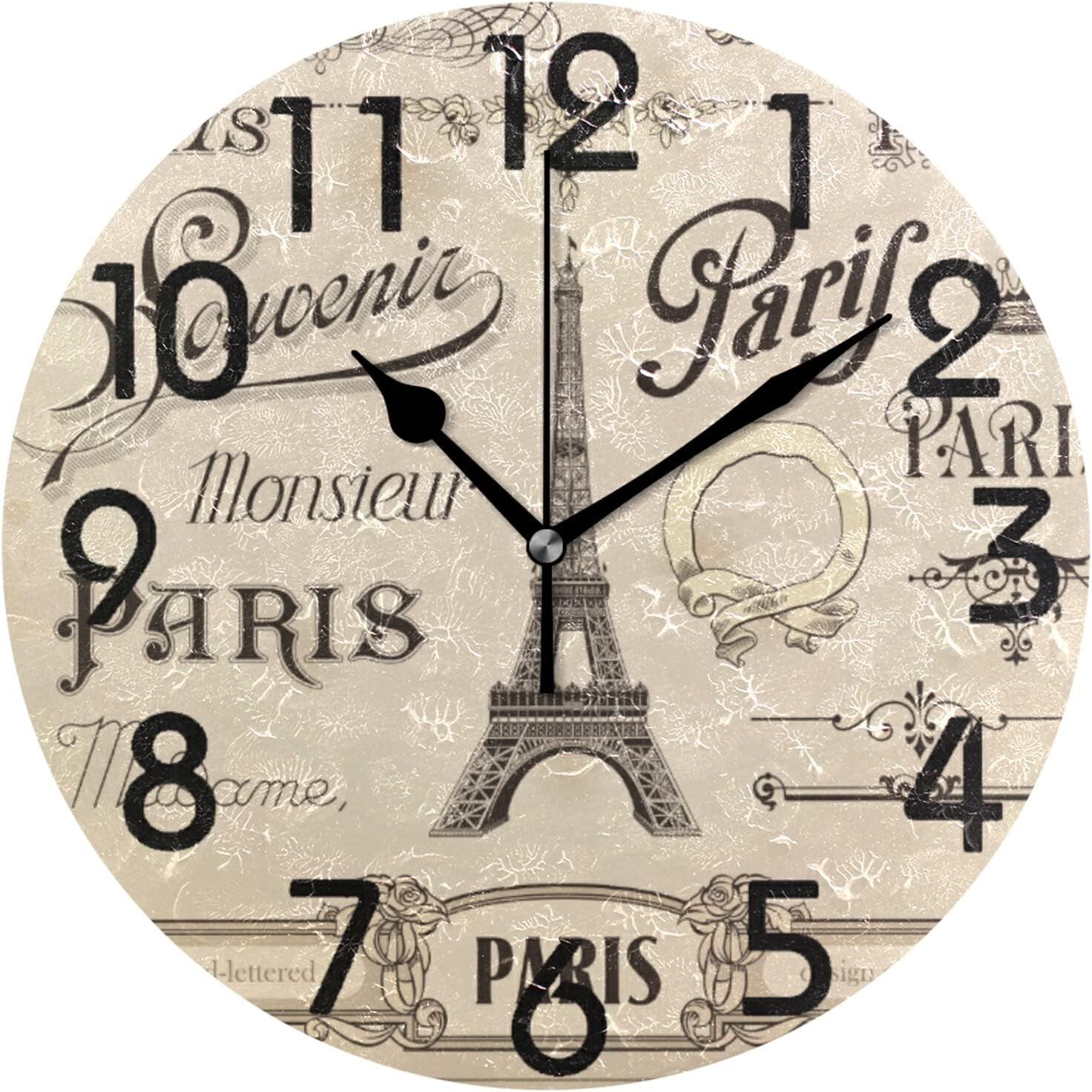 GZHJMY Vintage Paris Handwriting Eiffel Tower Round Wall Clock, 9.5 ...