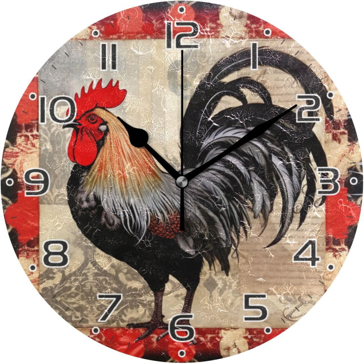 GZHJMY Vintage Rooster Clock Silent Round Wall Clock Non Ticking ...