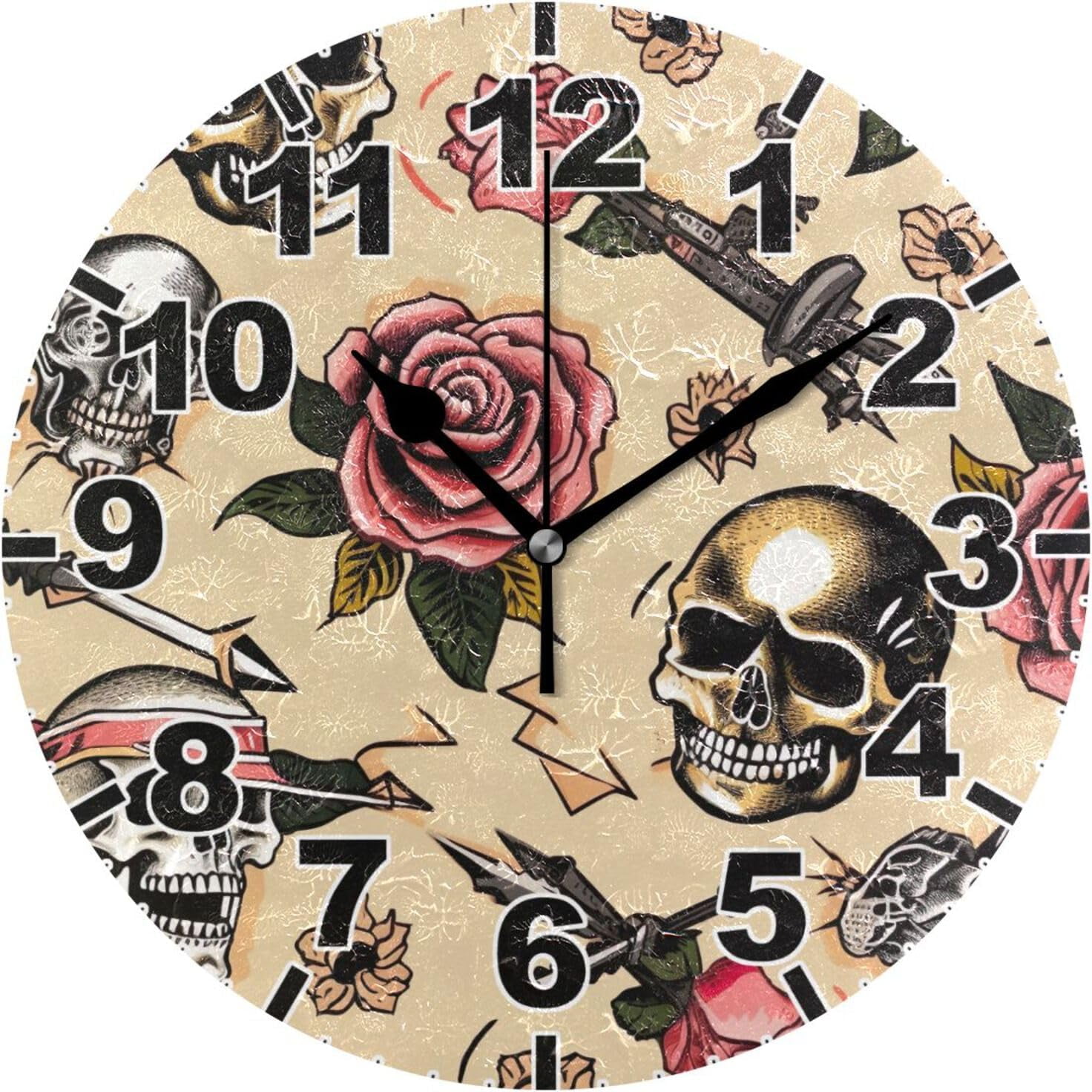 GZHJMY Vintage Skulls Round PVC Wall Clock, Battery Operated Silent Non ...