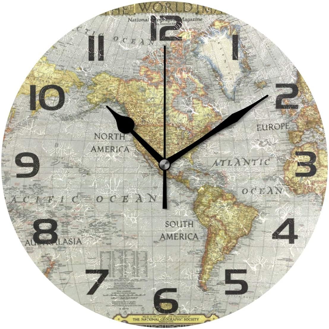 GZHJMY Vintage World Map Round PVC Wall Clock Silent Non Ticking, Retro ...