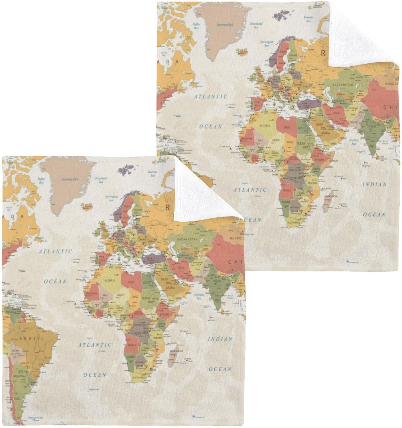 GZHJMY Vintage World Map Wash Cloths 2 Pcs Small Cotton Wash Towels for ...
