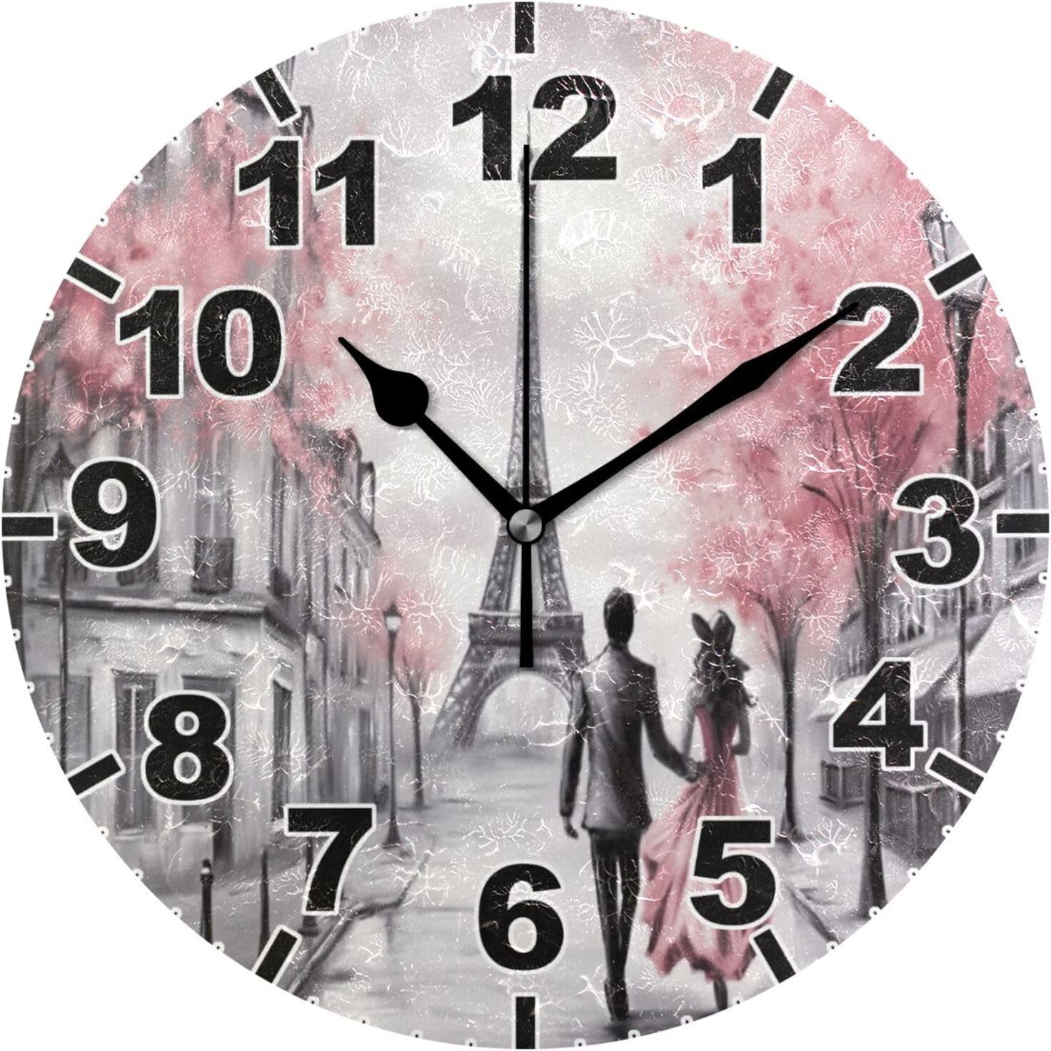 GZHJMY Walking in Eiffel Tower Round PVC Wall Clock, Battery Operated Silent Non Ticking Desk ...