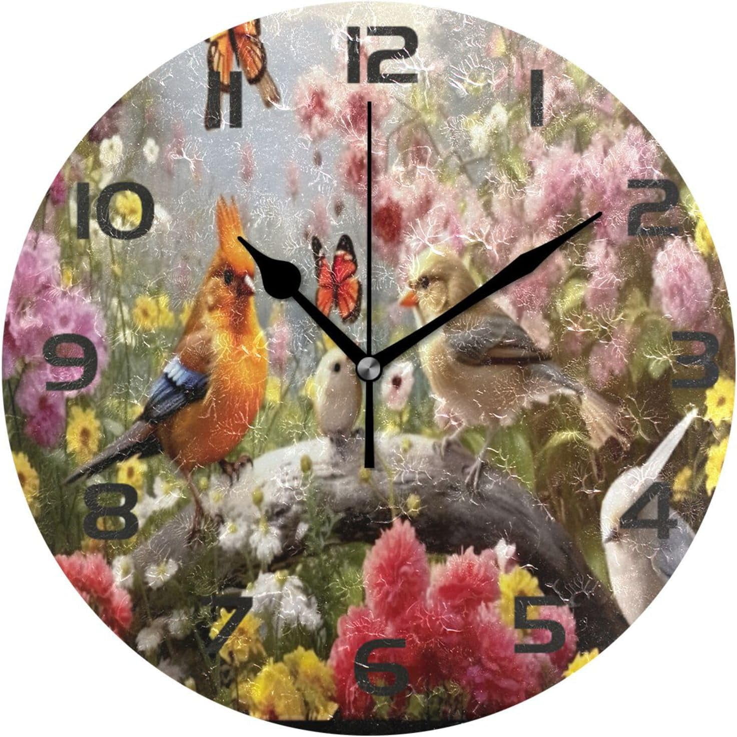 GZHJMY Wall Clock Birds Flowers 10 Inch Silent Non Ticking Quality ...