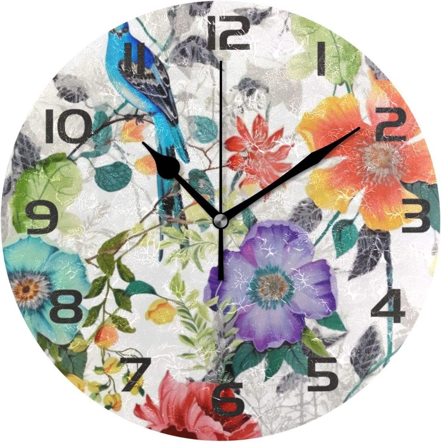 GZHJMY Wall Clock Birds Flowers 10 Inch Silent Non Ticking Quality ...