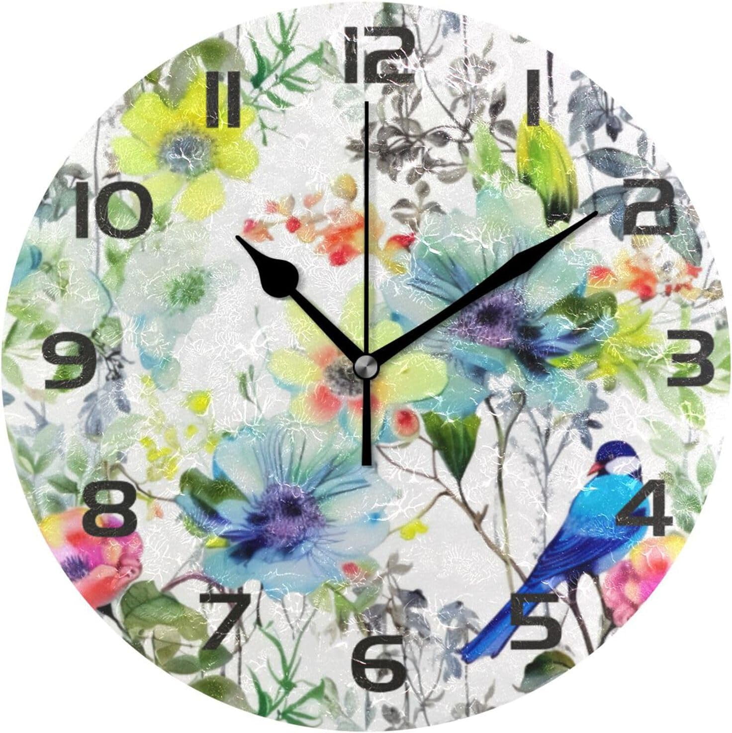 GZHJMY Wall Clock Birds Flowers 10 Inch Silent Non Ticking Quality ...