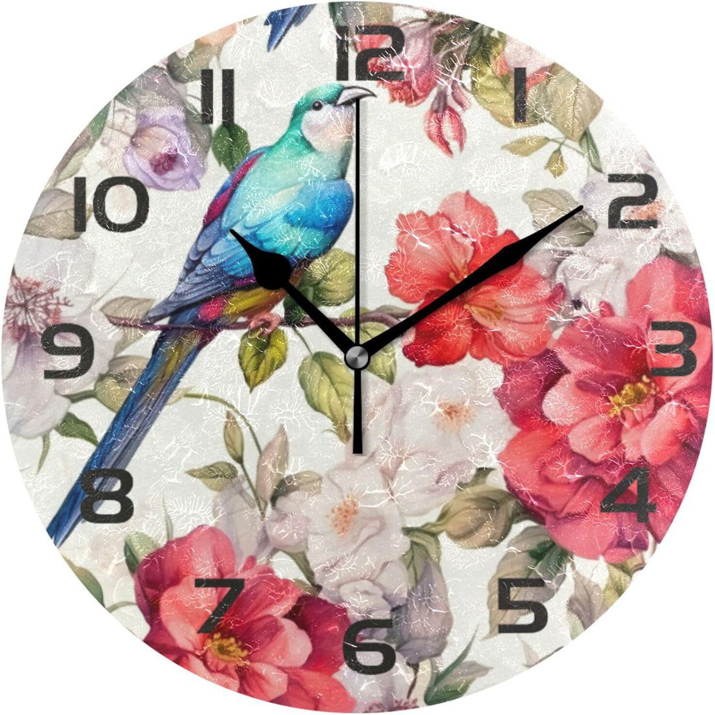 GZHJMY Wall Clock Birds Flowers 10 Inch Silent Non Ticking Quality ...
