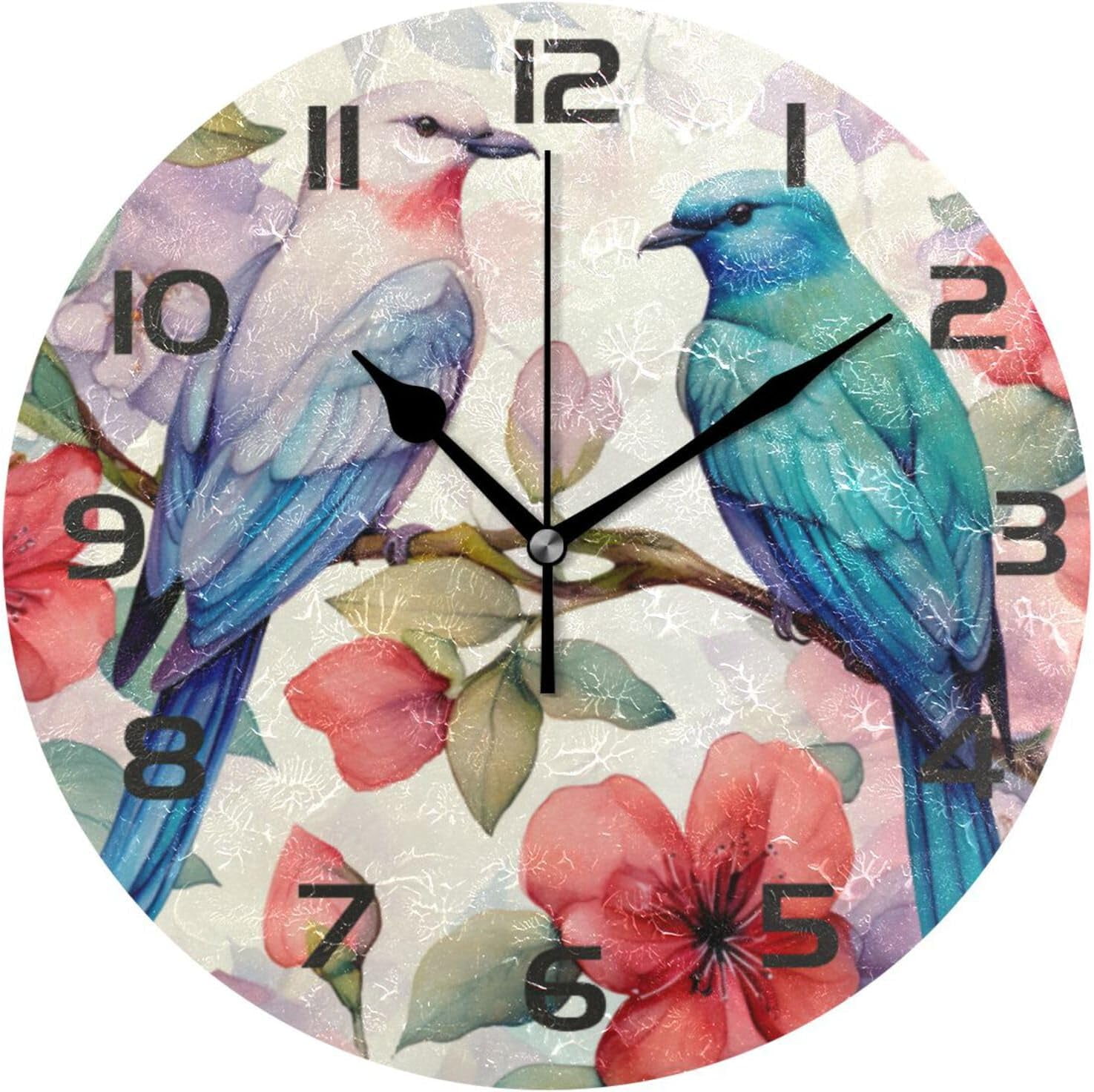 GZHJMY Wall Clock Birds Flowers 10 Inch Silent Non Ticking Quality ...