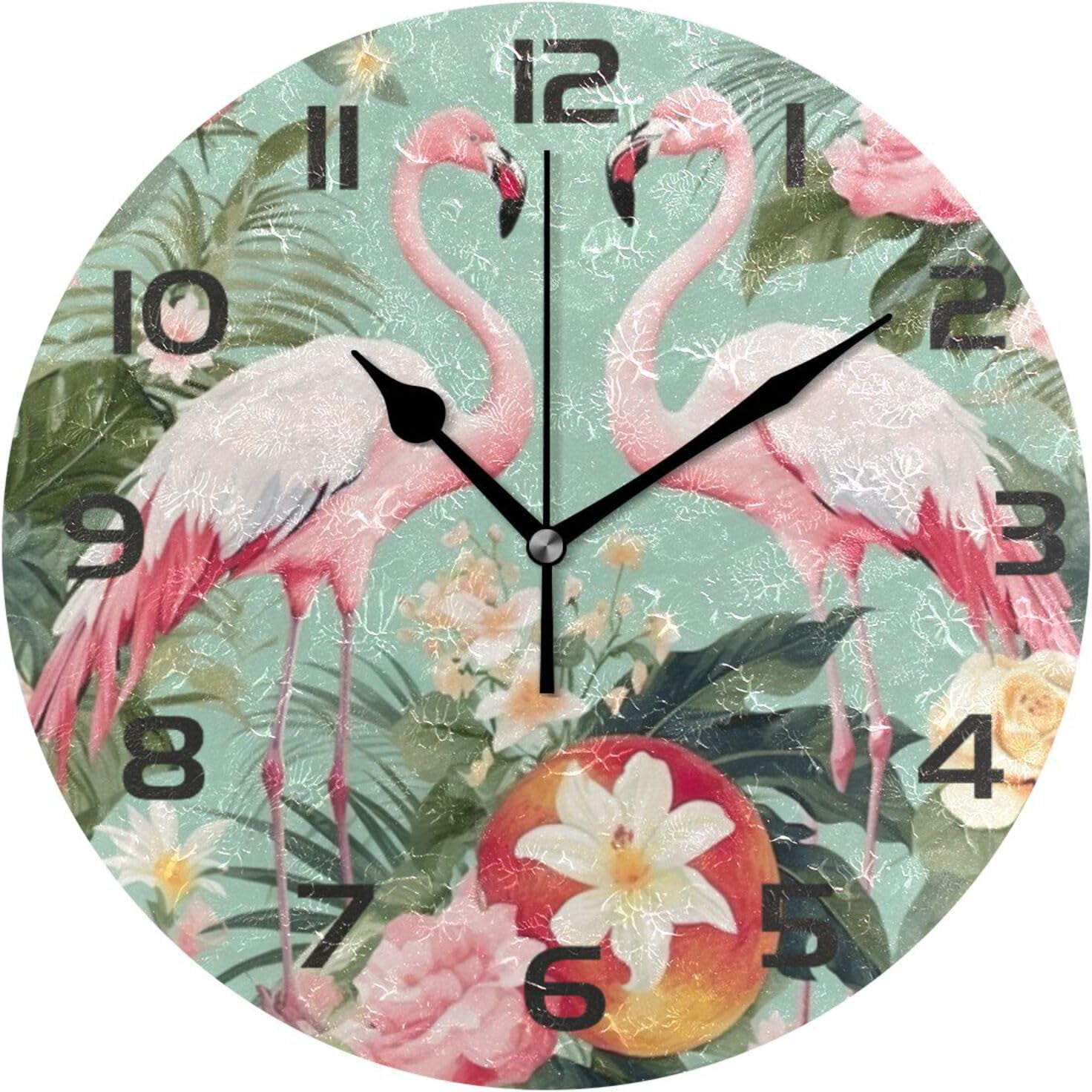 GZHJMY Wall Clock Flamingos Palm Flowers 10 Inch Silent Non Ticking ...