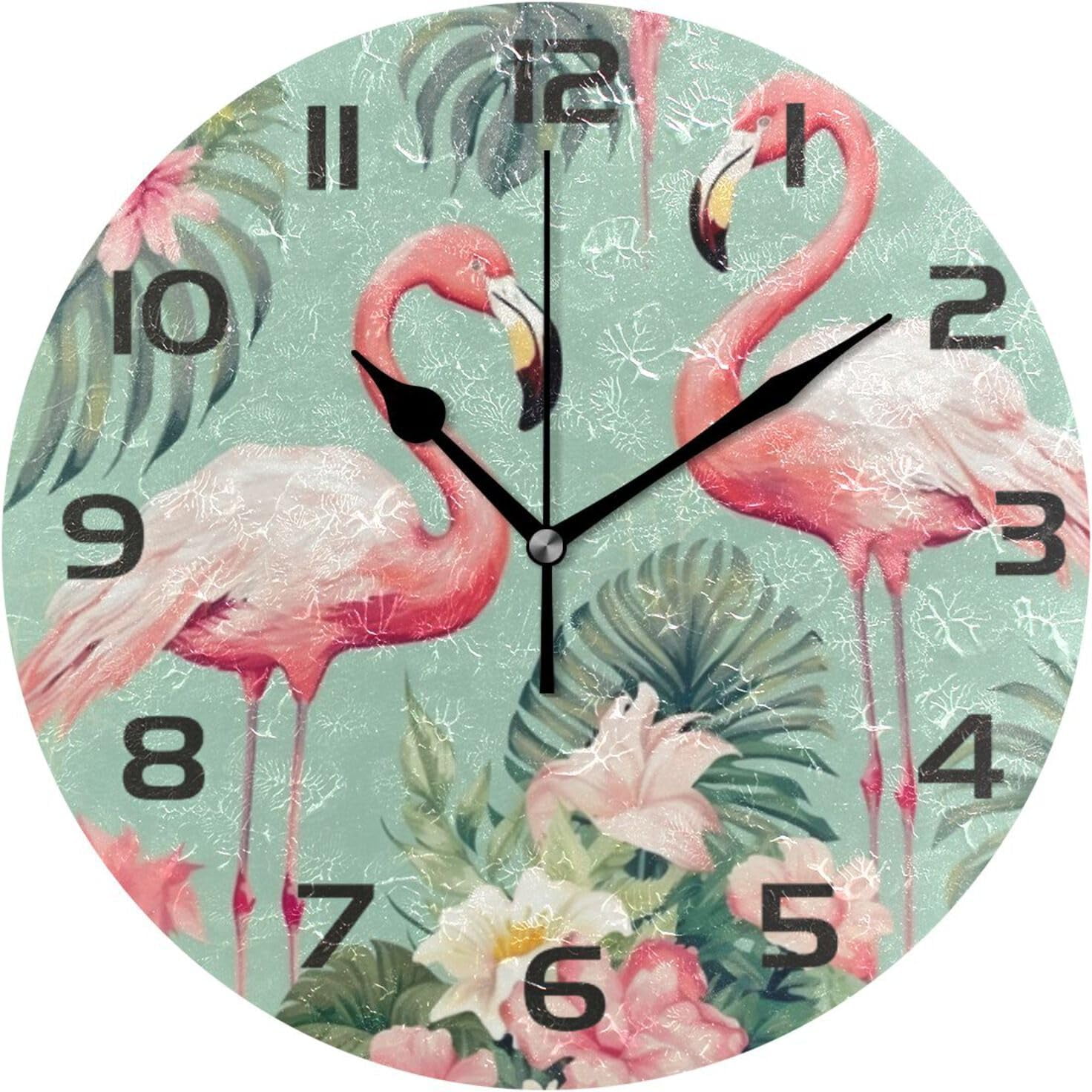 GZHJMY Wall Clock Flamingos Palm Flowers 10 Inch Silent Non Ticking ...