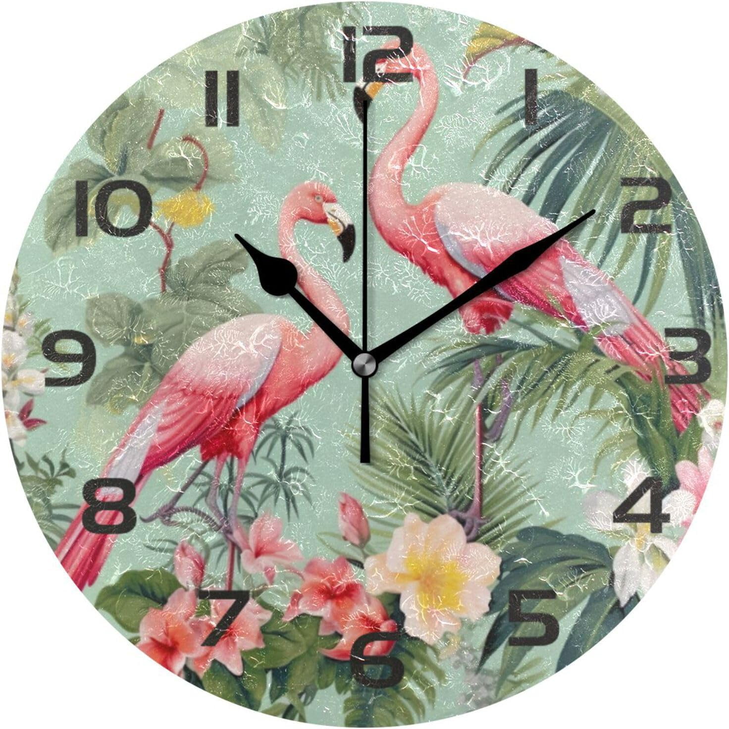 GZHJMY Wall Clock Flamingos Palm Flowers 10 Inch Silent Non Ticking ...