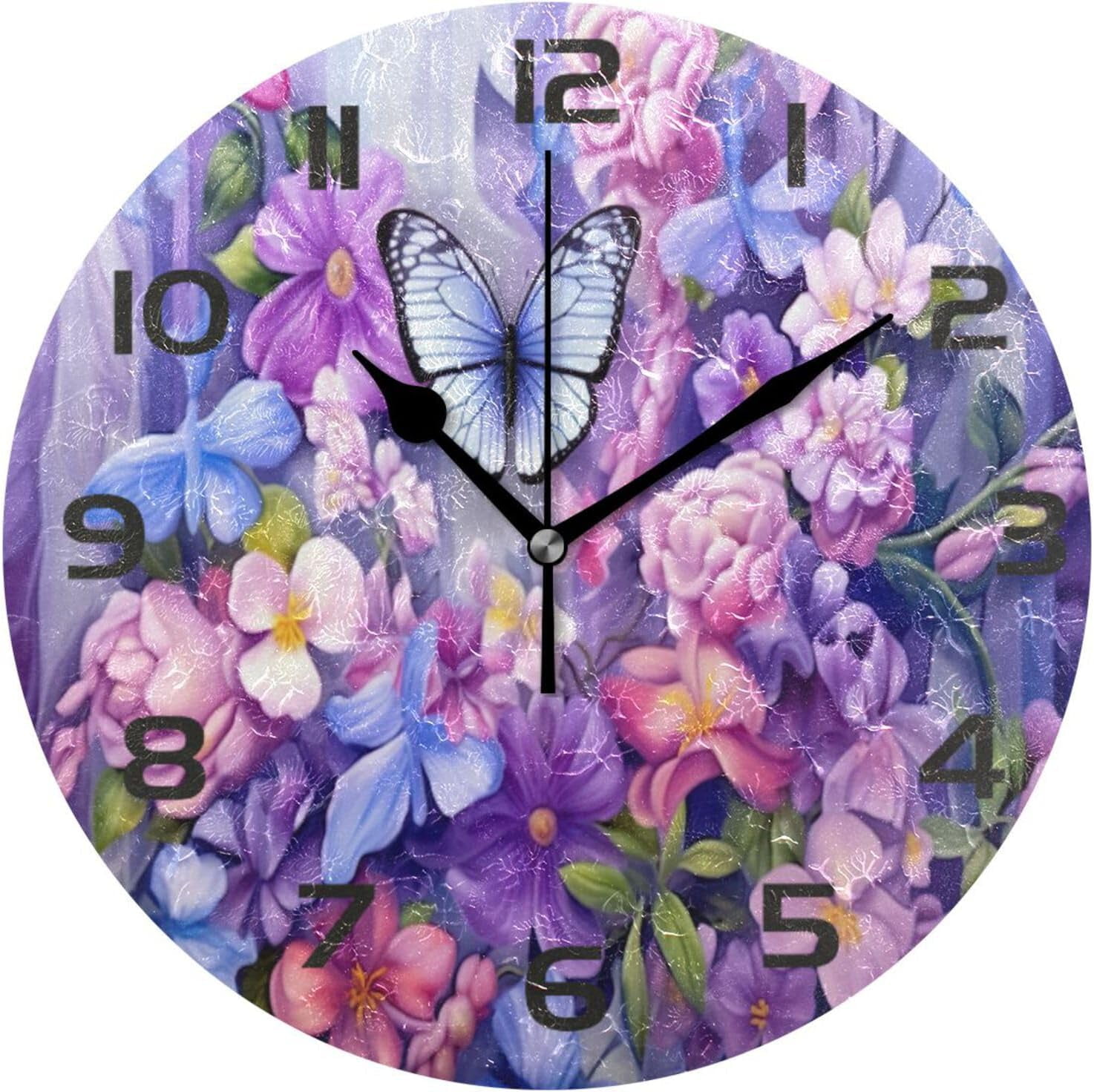 GZHJMY Wall Clock Flowers Butterflies 10 Inch Silent Non Ticking ...