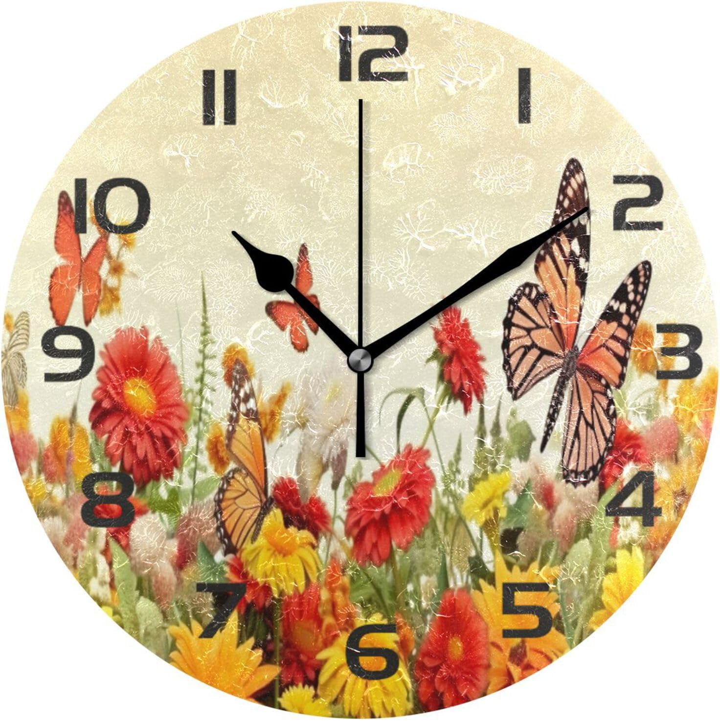 GZHJMY Wall Clock Flowers Butterflies 10 Inch Silent Non Ticking ...