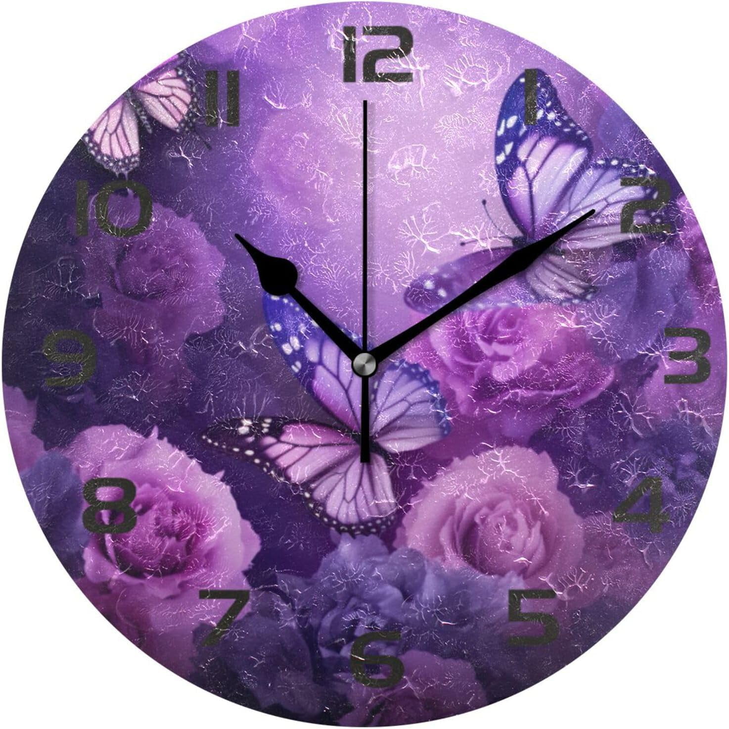 GZHJMY Wall Clock Purple Flowers and Butterflies 10 Inch Silent Non ...