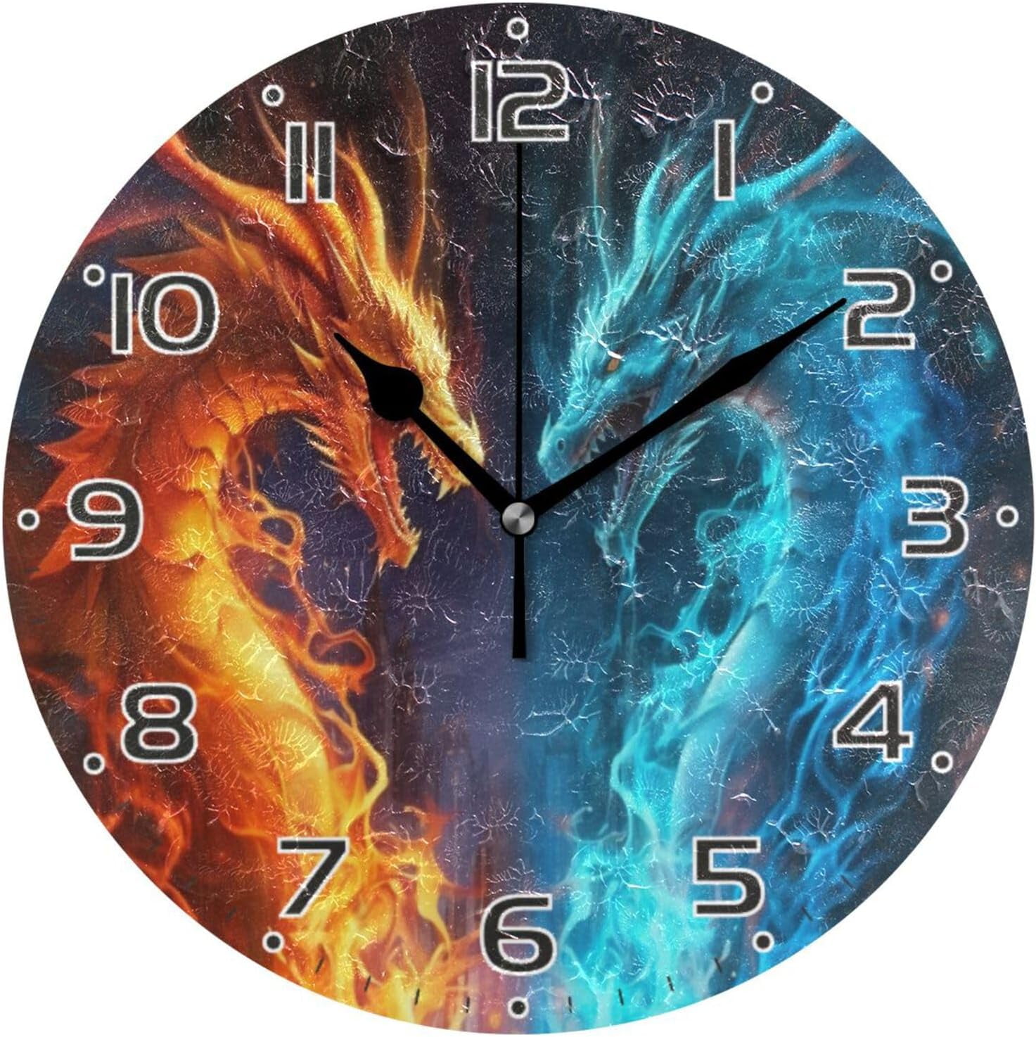 GZHJMY Water Fire Dragon Clock Silent Round Wall Clock Non Ticking ...