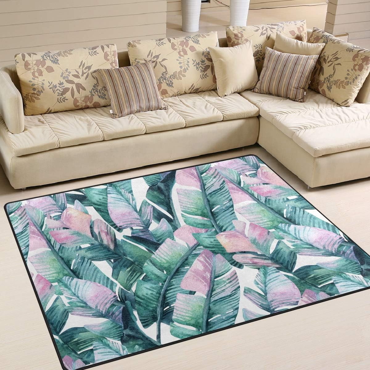 GZHJMY Watercolor Banana Leaves Non Slip Area Rug for Living Dinning ...