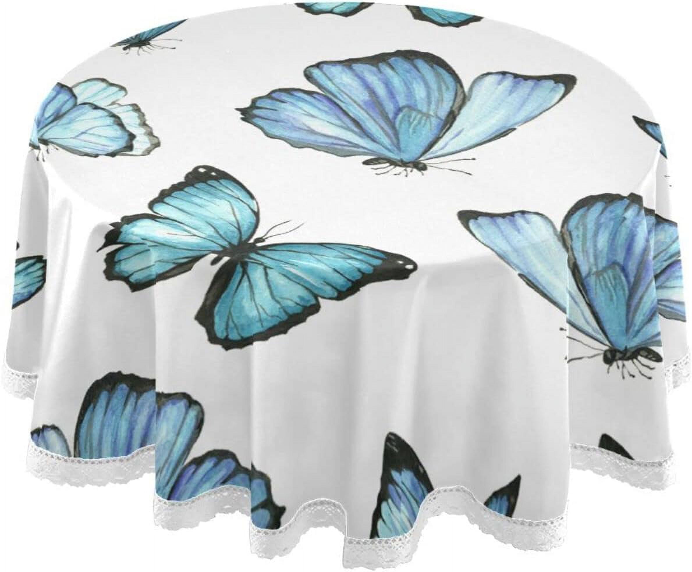 GZHJMY Watercolor Blue Butterfly Polyester Fiber Round Lace Tablecloth ...