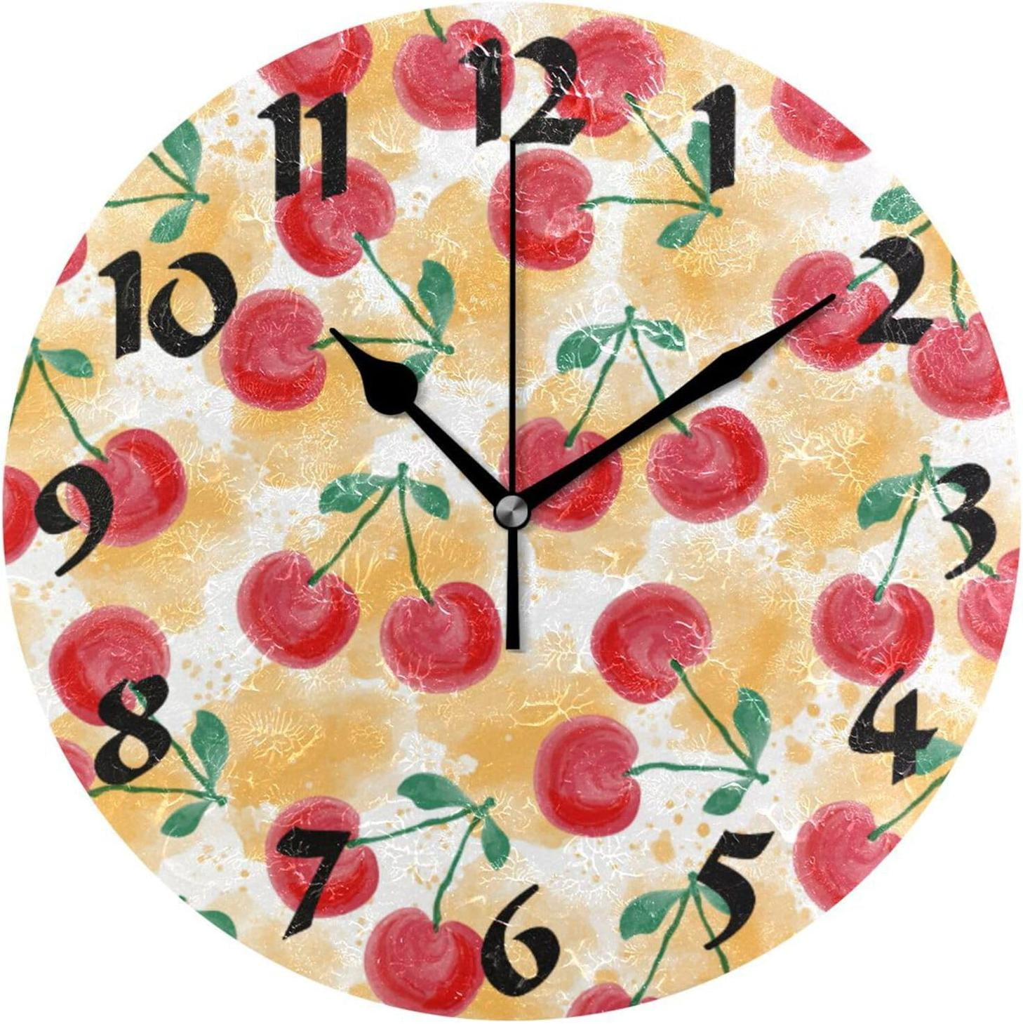 GZHJMY Watercolor Cherry Fruit Round Wall Clock,Silent Non Ticking ...